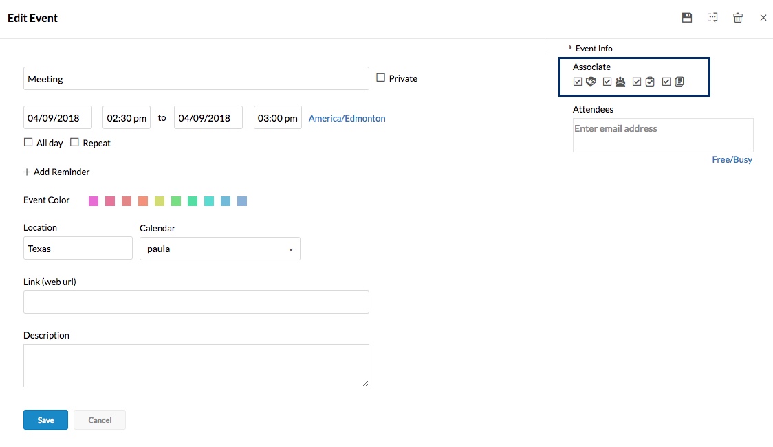 Associate Events on Zoho Calendar with other Zoho Apps