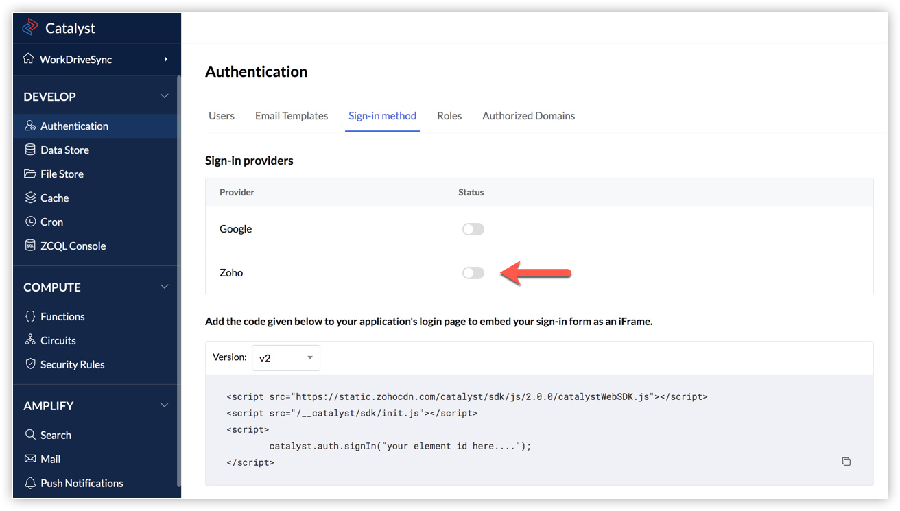 Enable Zoho Sign-in - WorkDrive Sync App | Online Help - Catalyst