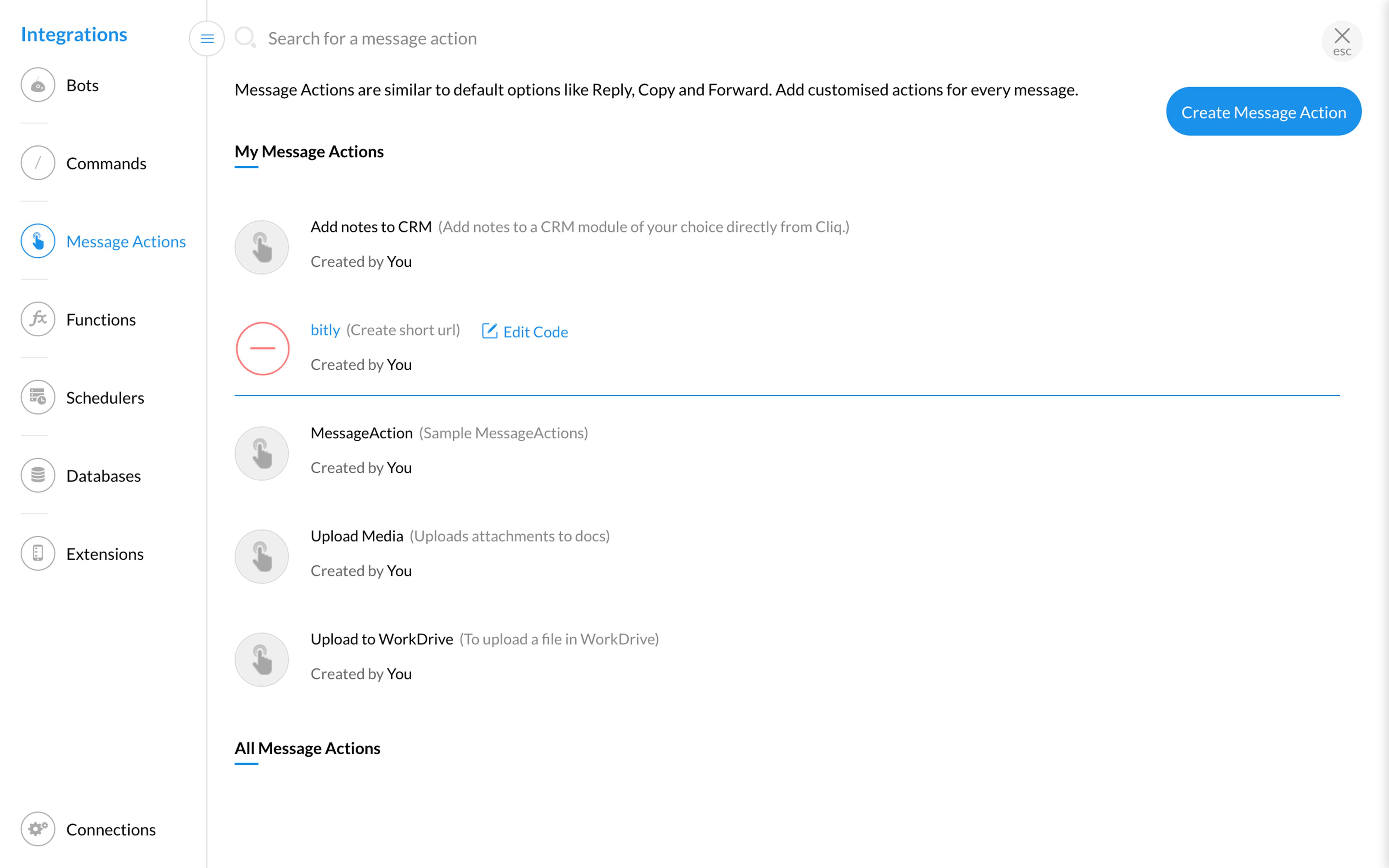 Create Message Actions Cliq