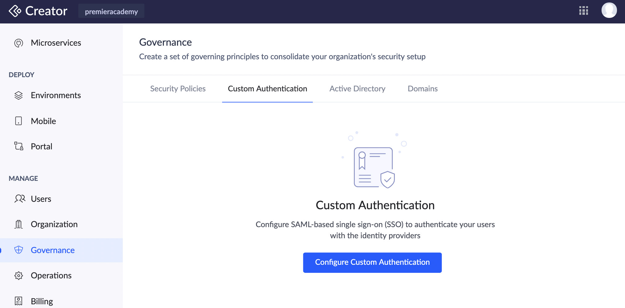 Configure Custom Authentication | Governance | Zoho Creator Help