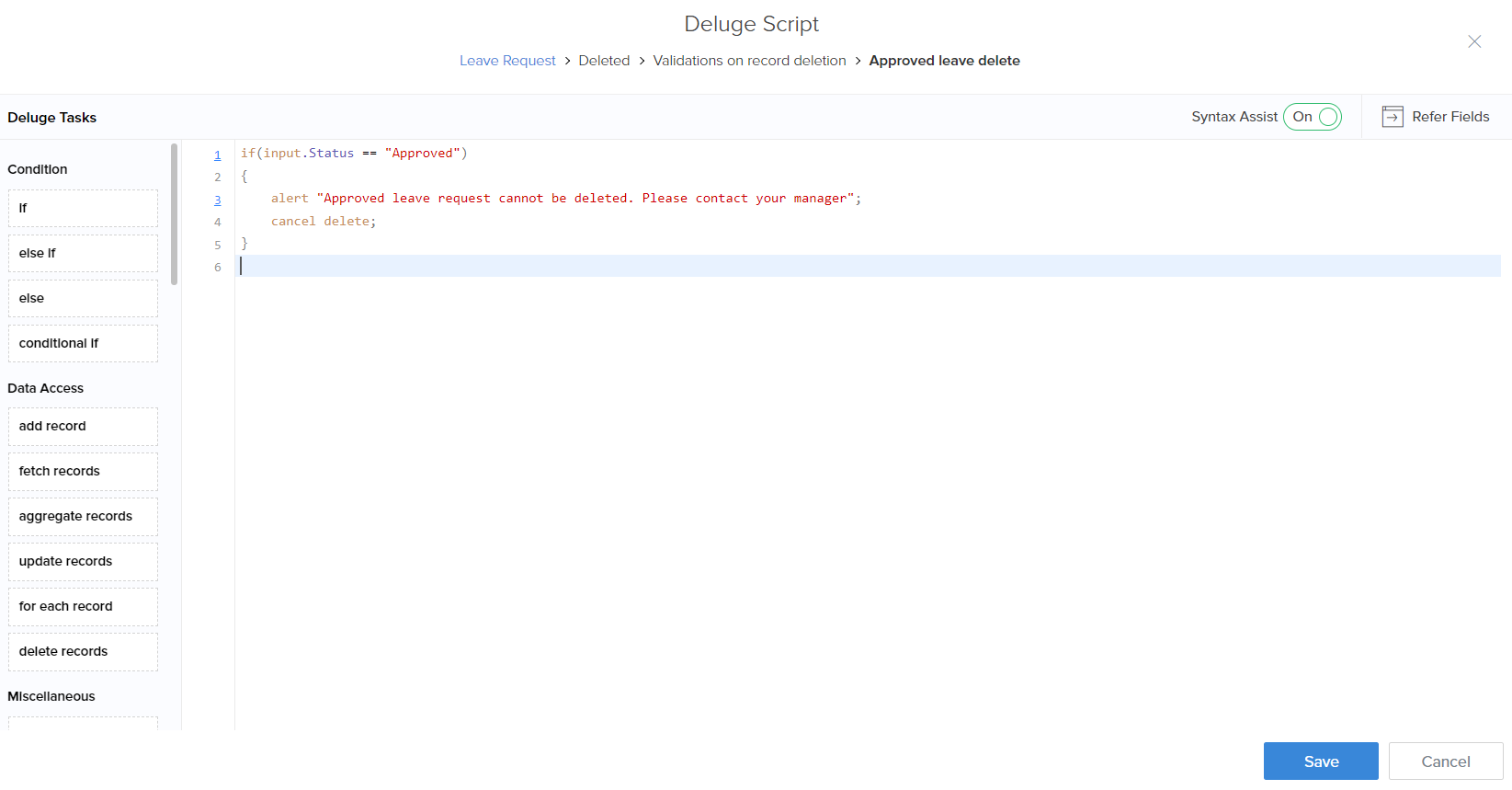 Configure validations on record deletion | Zoho Creator Help