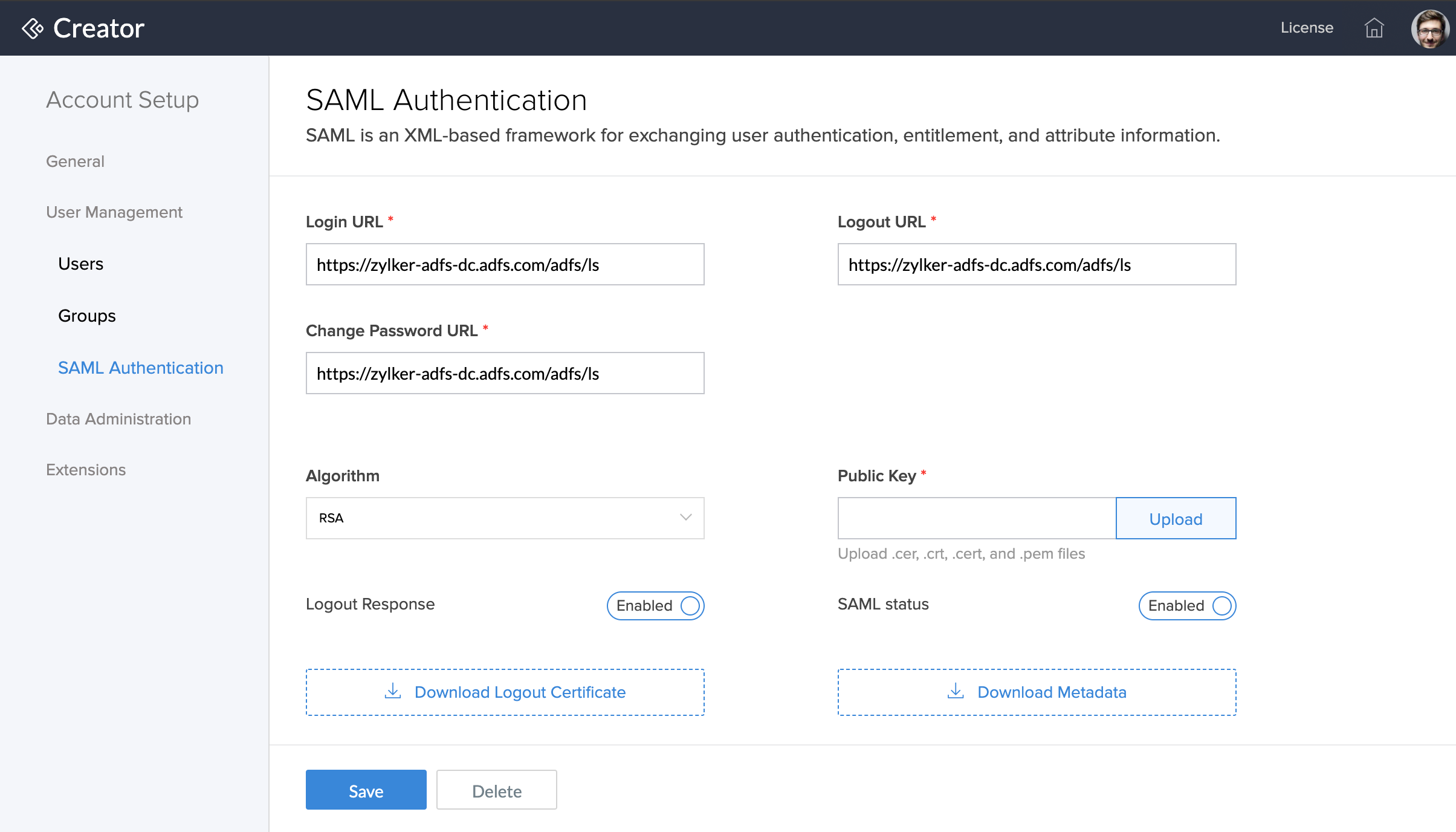 SAML Authentication | Zoho Creator On-Premise SAML Authentication | Zoho Creator On-Premise