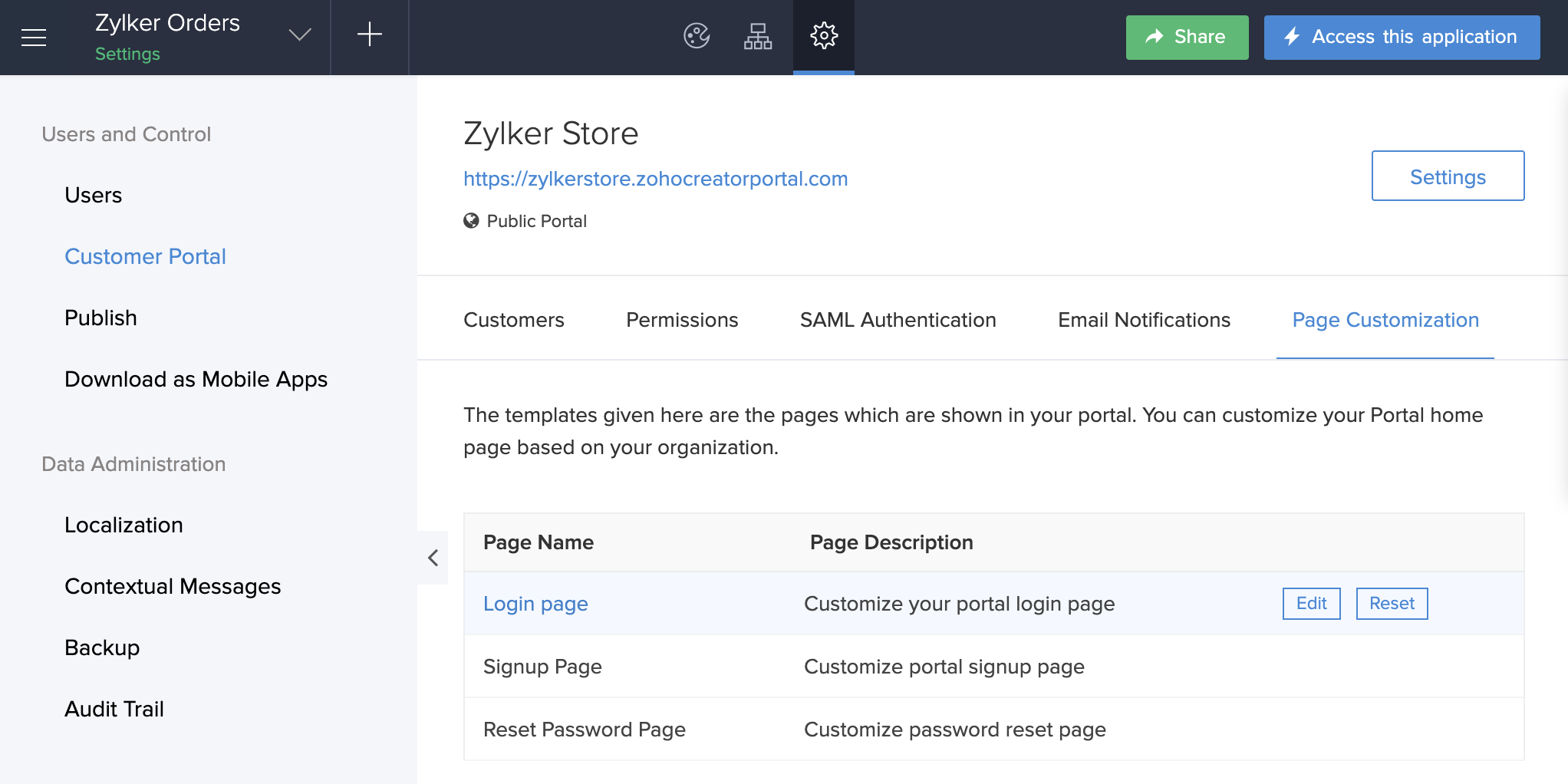 Understand Customer Portal pages | Zoho Creator Help