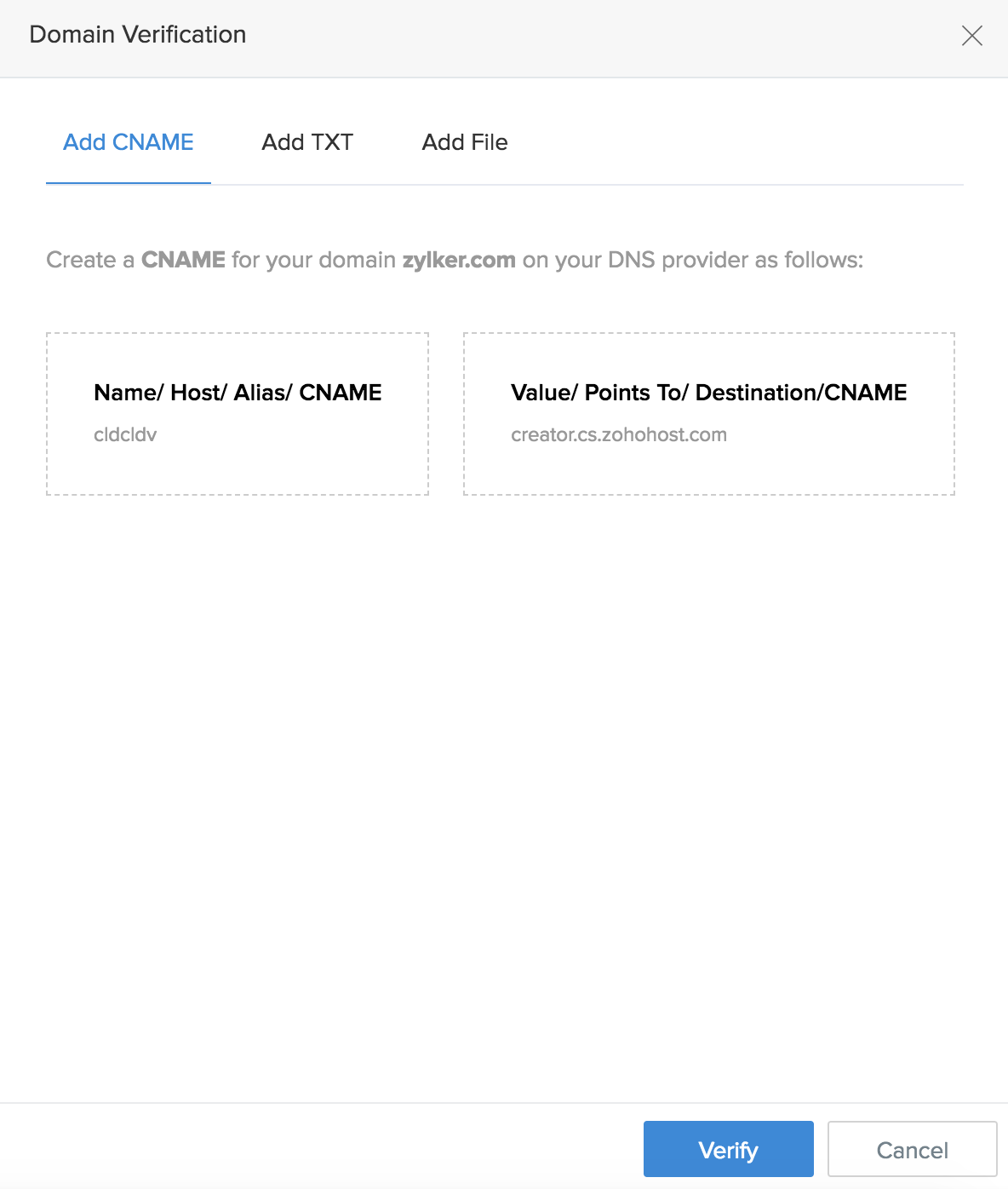 Verify Custom Domain of the Customer Portal | ManageEngine AppCreator Help Verify Custom Domain of the Customer Portal | ManageEngine AppCreator Help