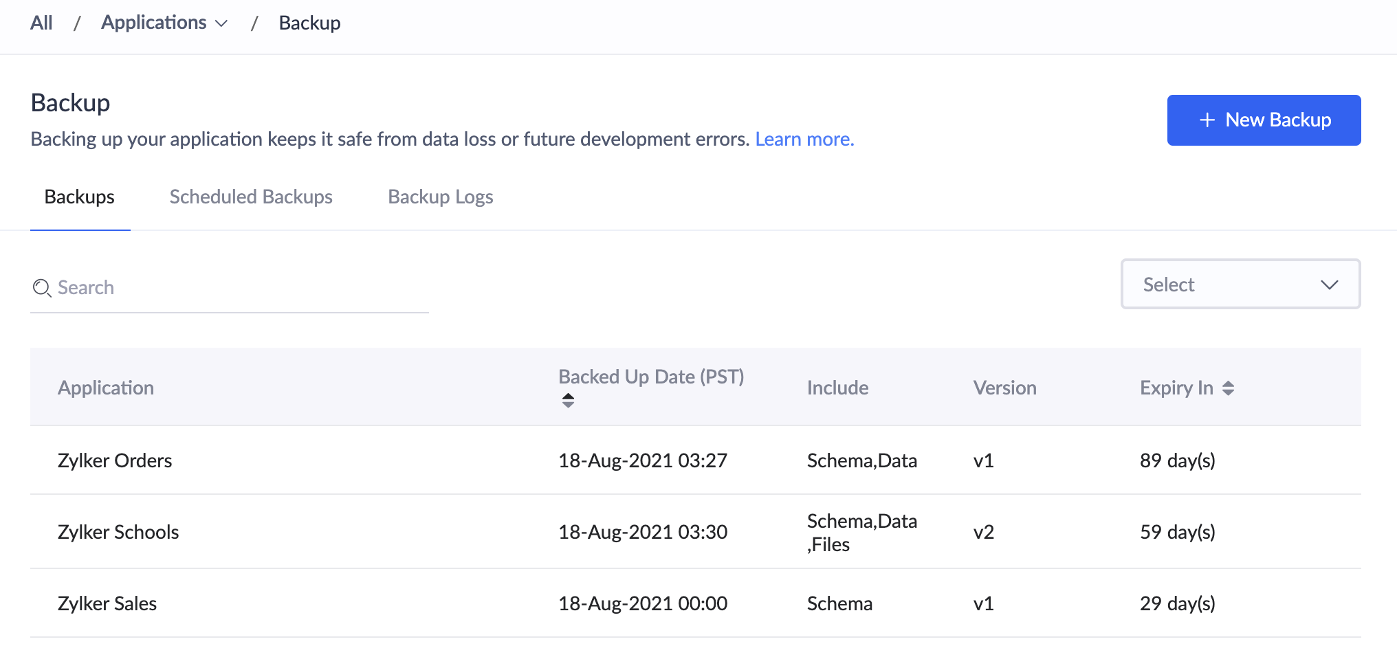 Configure Application Backup | Zoho Creator Help