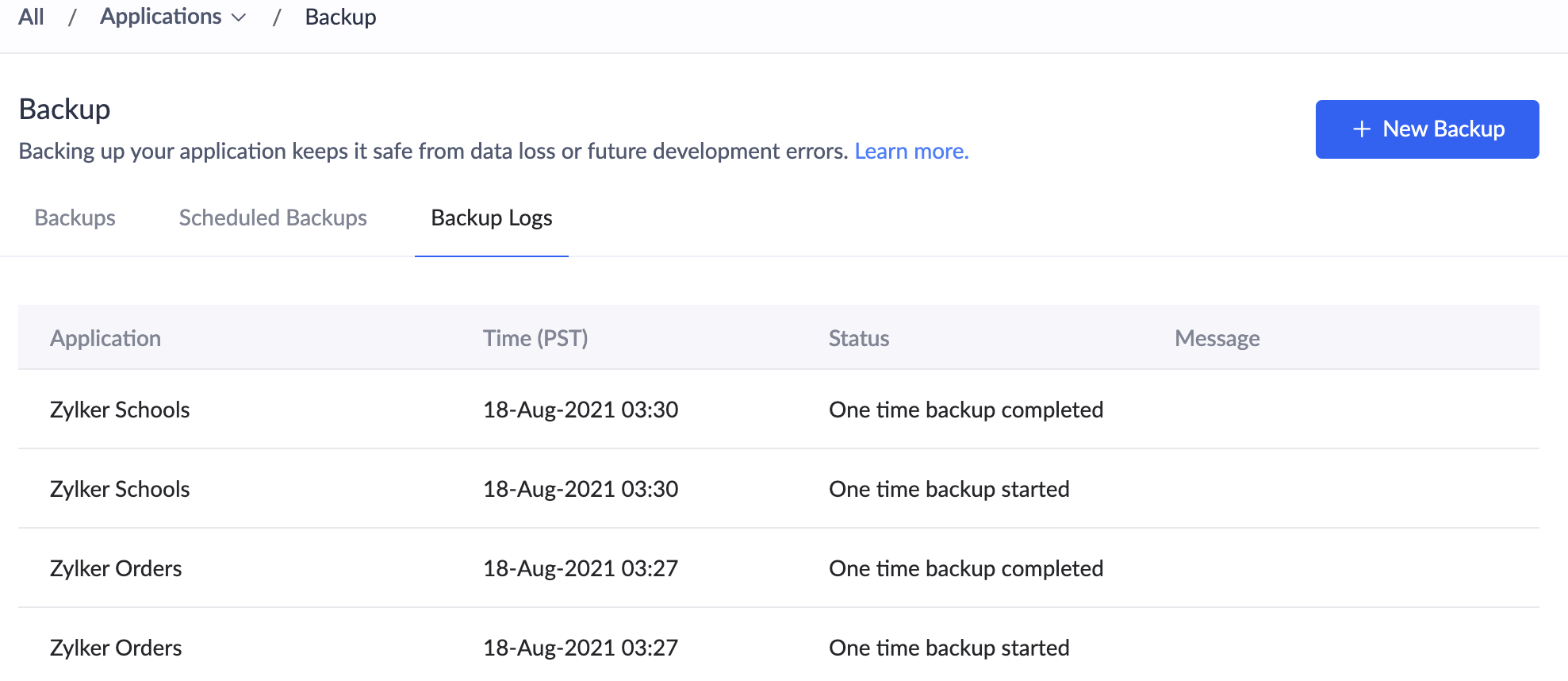 Configure Application Backup | Zoho Creator Help