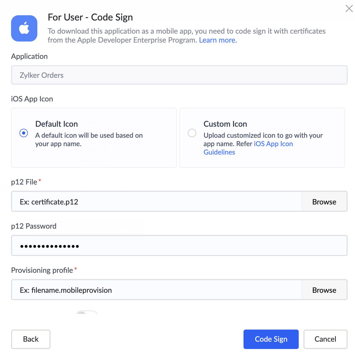 You can opt to Upload Custom Icon — a PNG file of 1024x1024 resolution.