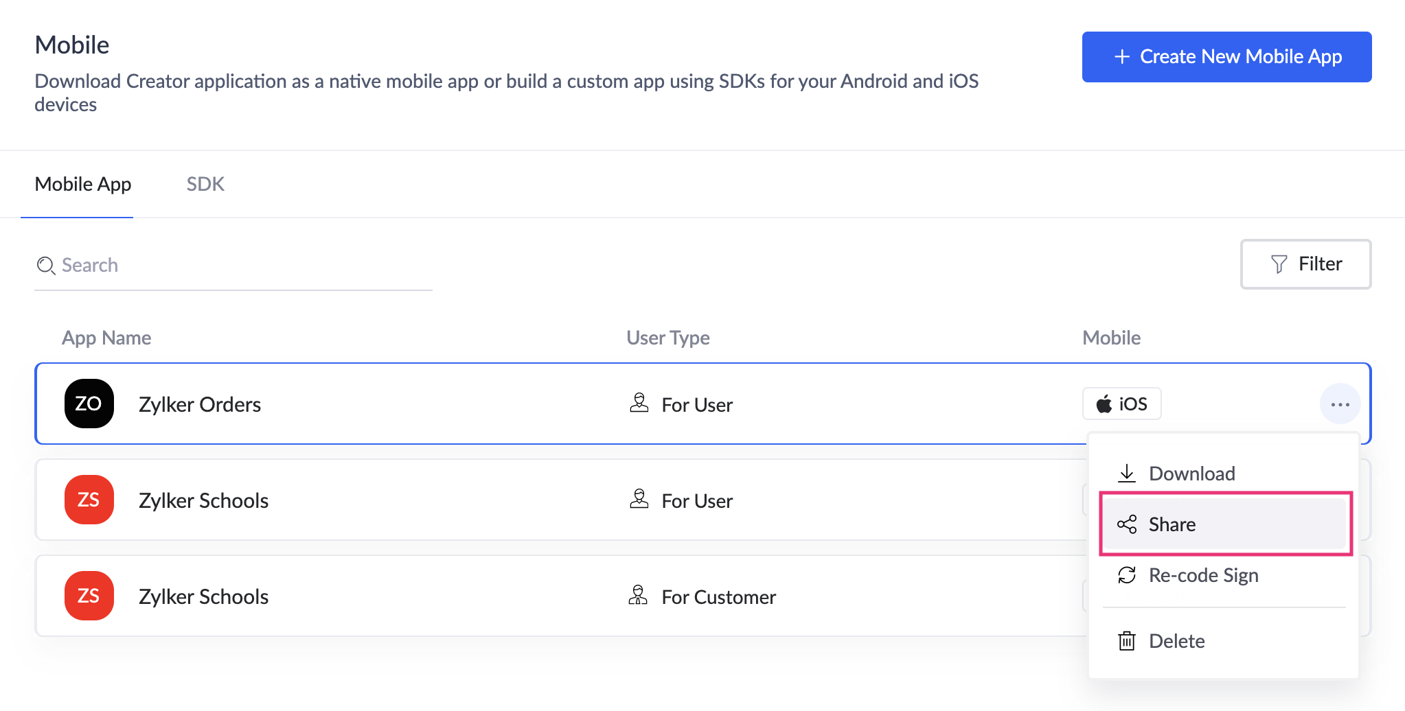 Click the Share button to open the Share the app installation link with ...