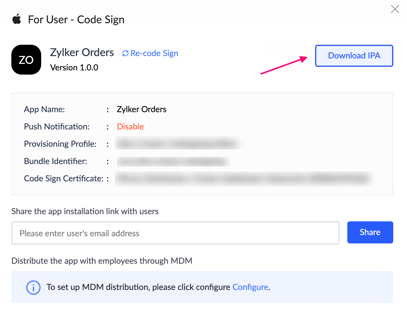Alternatively, close the For User - Code Sign pane and hover on the ...