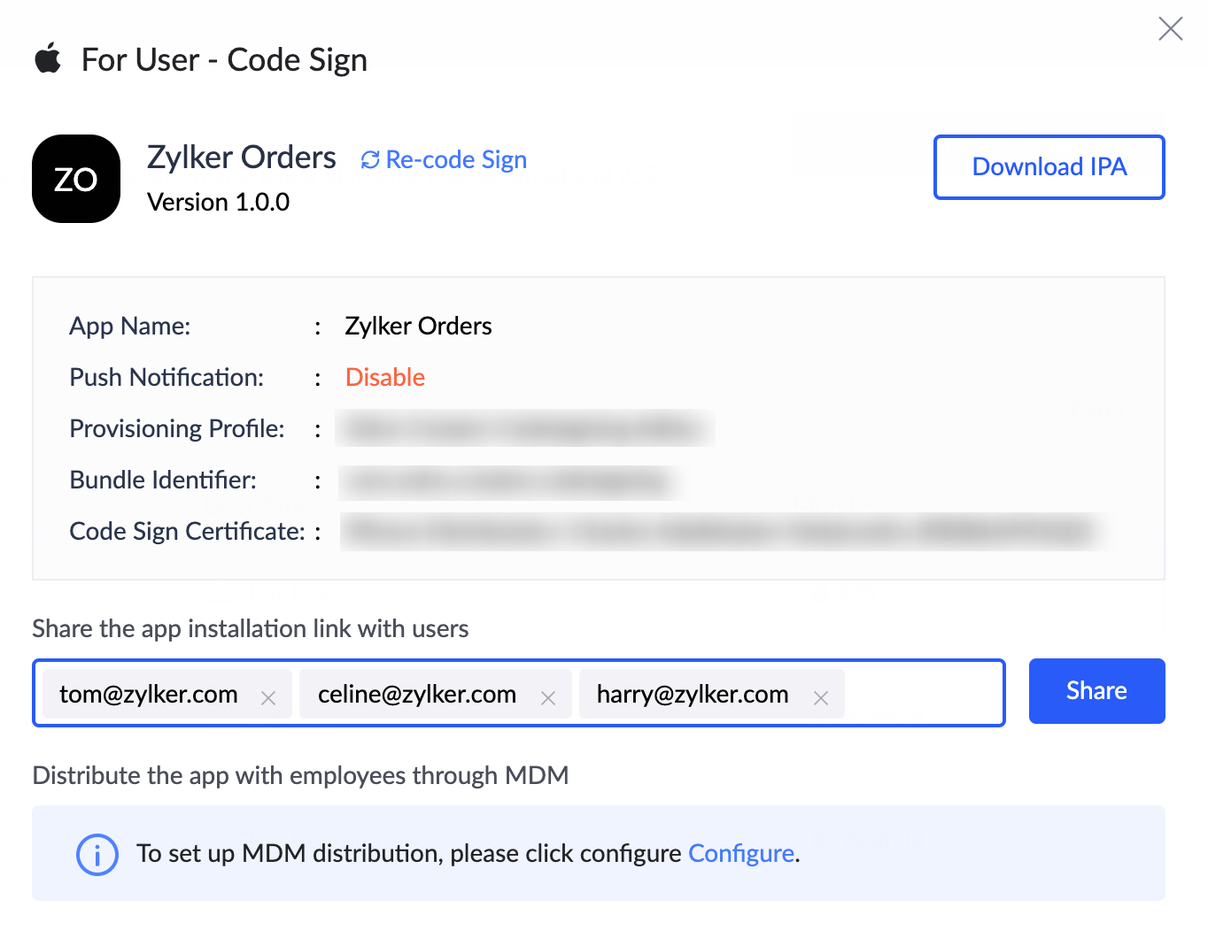 Under the Share the app installation link with users section, enter the ...