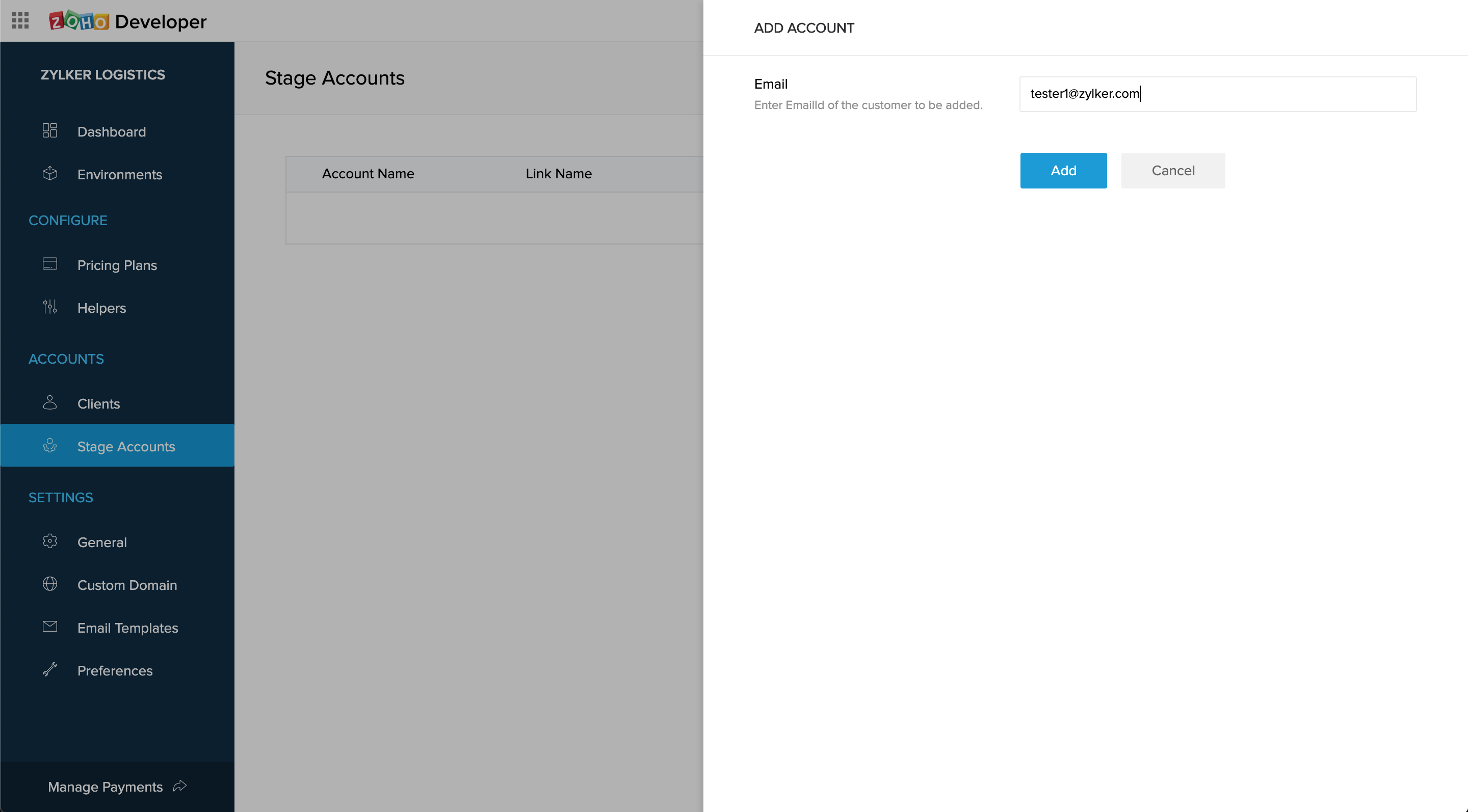 Adding a Test Account | Help - Zoho Developer
