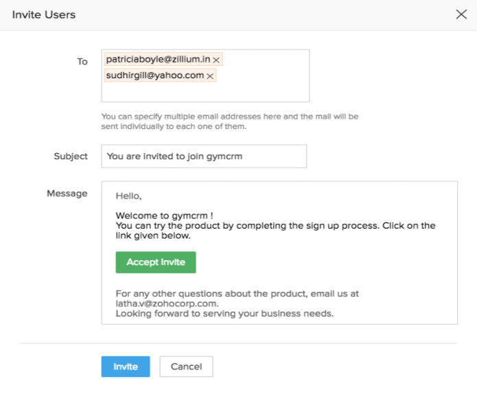 Invite Users | Zoho Developer Help