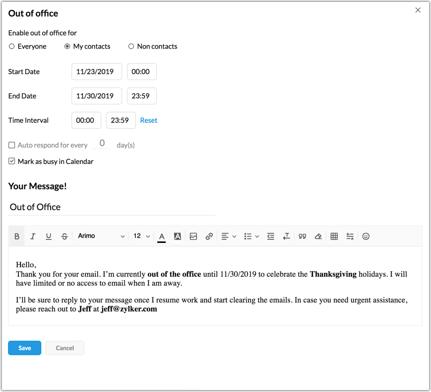 How to set automatic out of office message - Zoho Mail