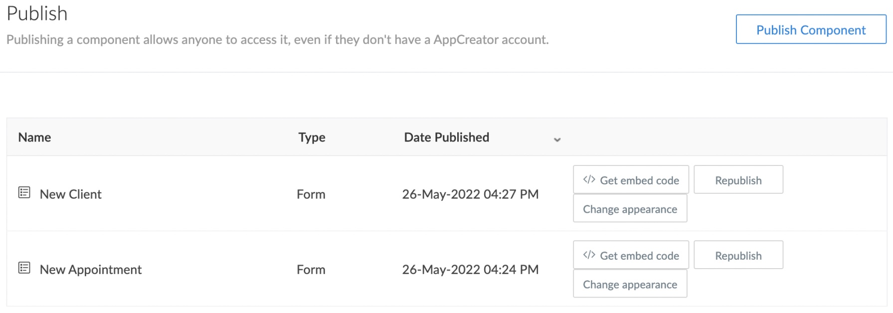 Publish Forms | ManageEngine AppCreator Help