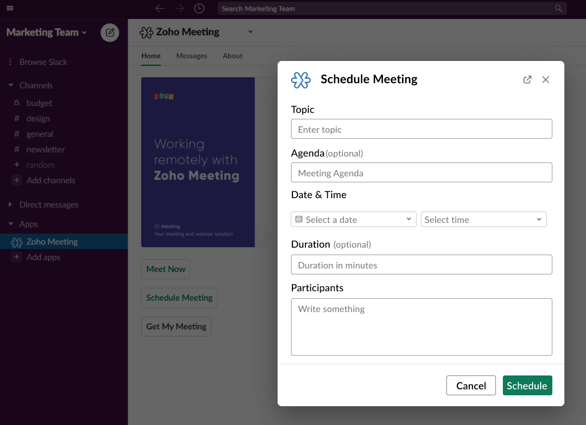 Host & Join Meetings from Slack chat rooms | Zoho Meeting integration for Slack