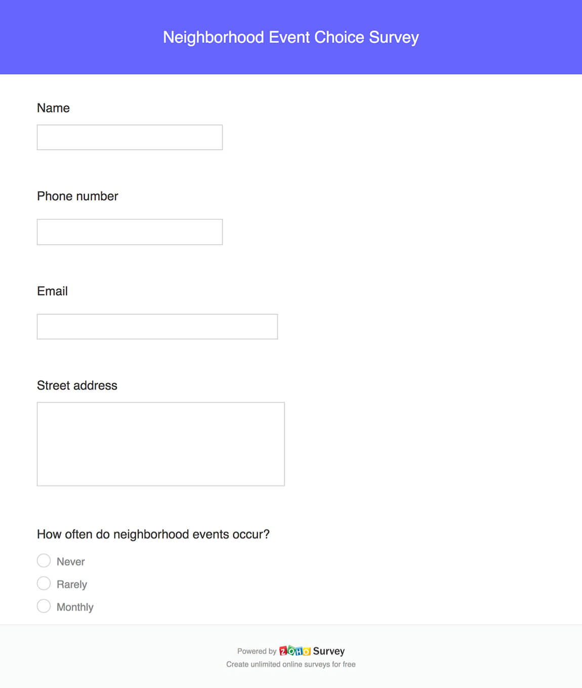Neighborhood Event Choice Survey Questionnaire & Template - Zoho Survey