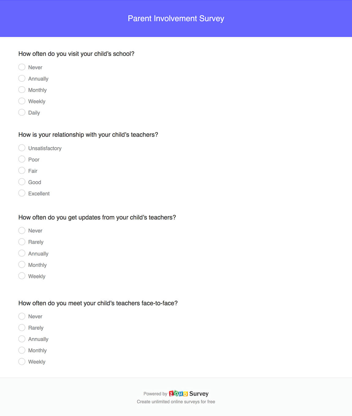 Parent Involvement Survey Questionnaire & Template - Zoho Survey Parent Involvement Survey Questionnaire & Template - Zoho Survey