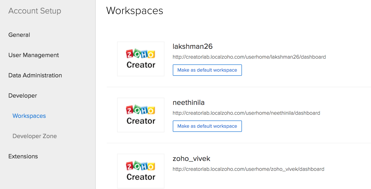 Set default workspace | Zoho