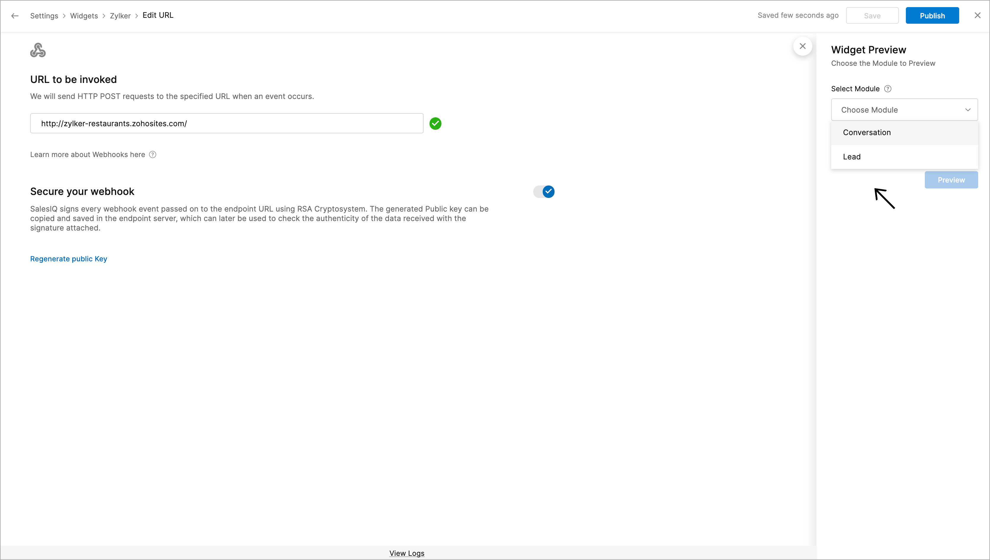 Widget Webhooks Authentication - Zoho SalesIQ