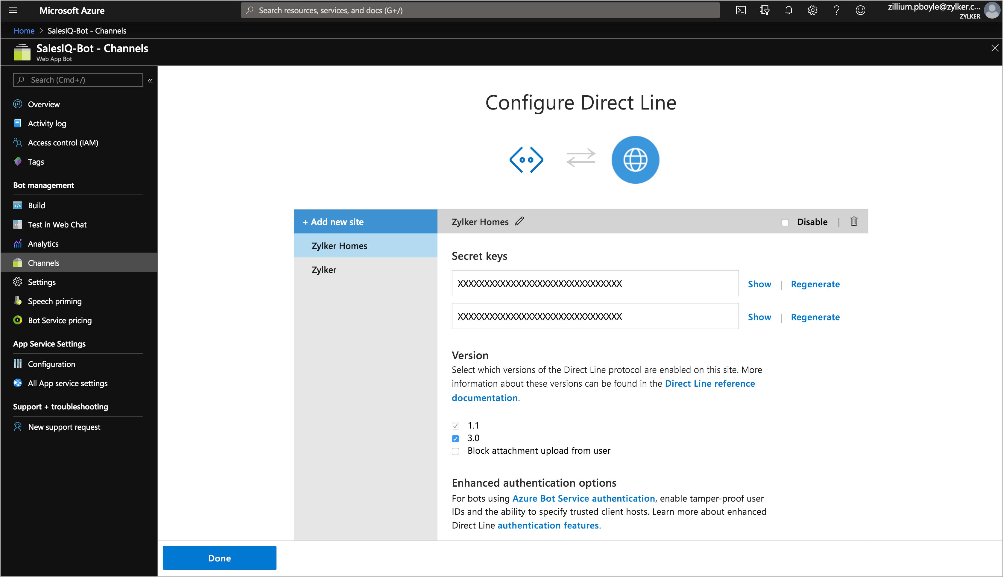 Authenticating Microsoft Azure to connect with Zobot