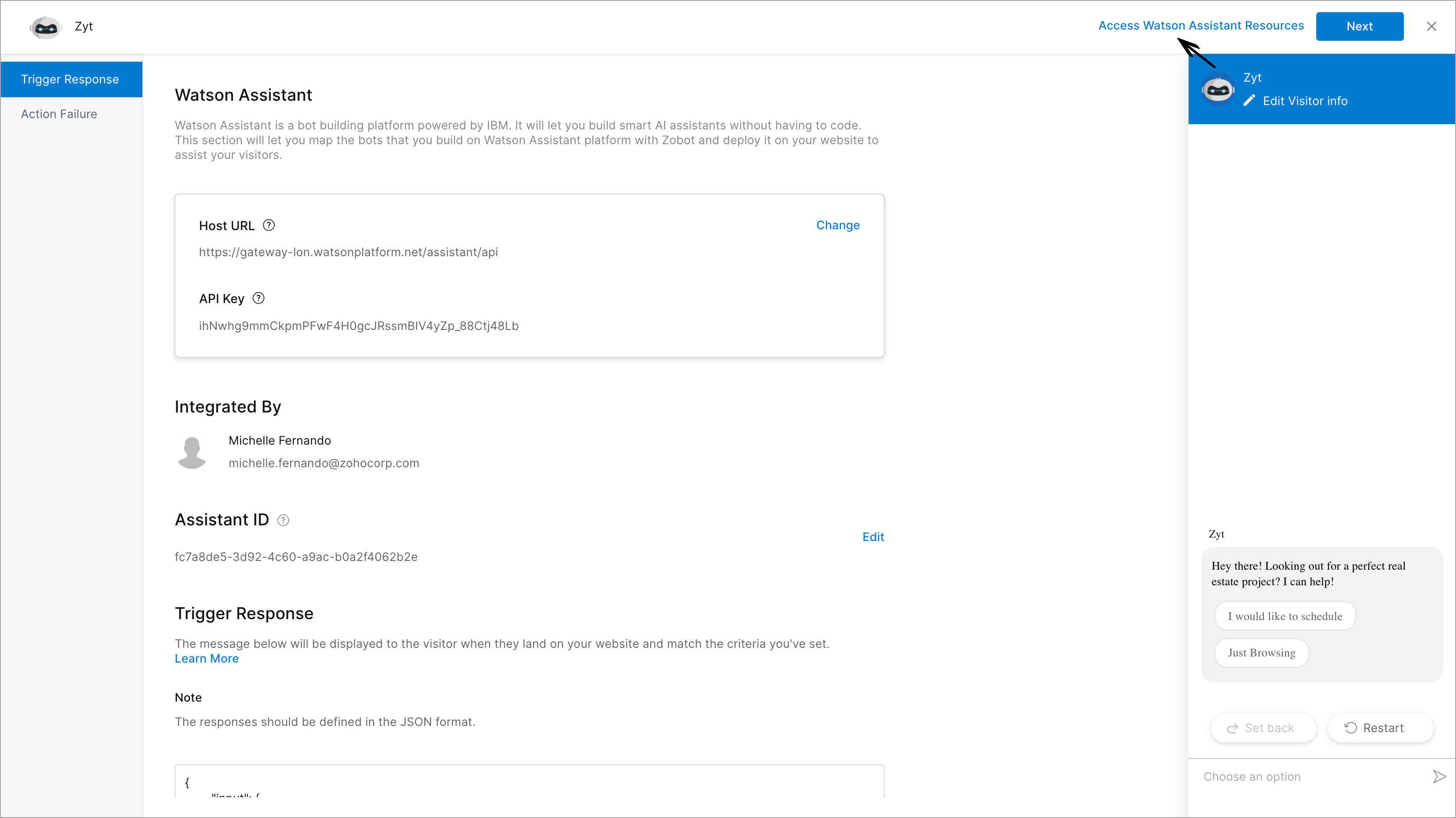 Authenticating the Watson Assistant platform to connect with the Zobot