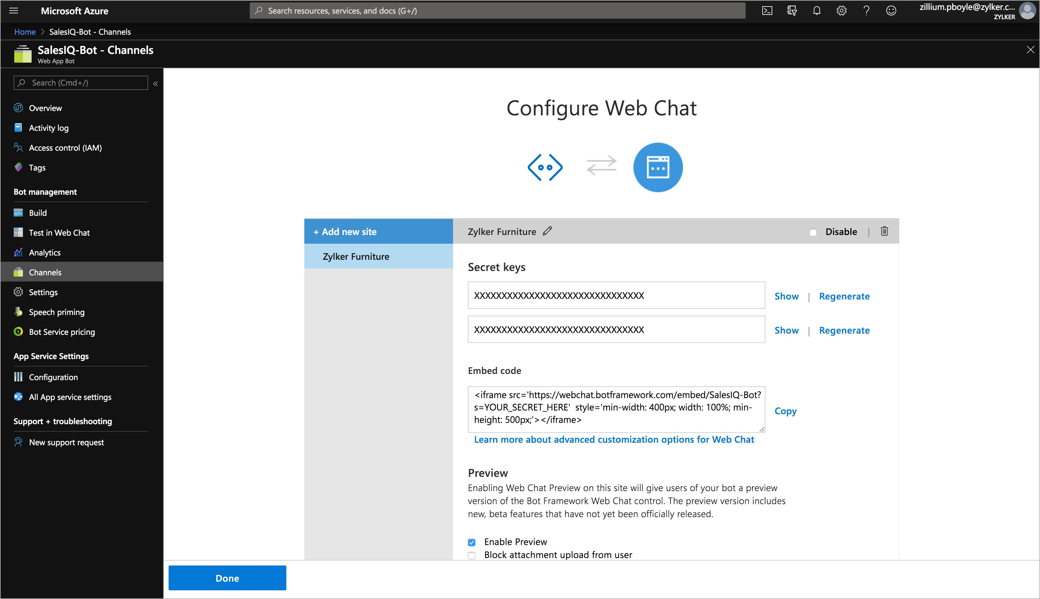 Authenticating Microsoft Azure to connect with Zobot