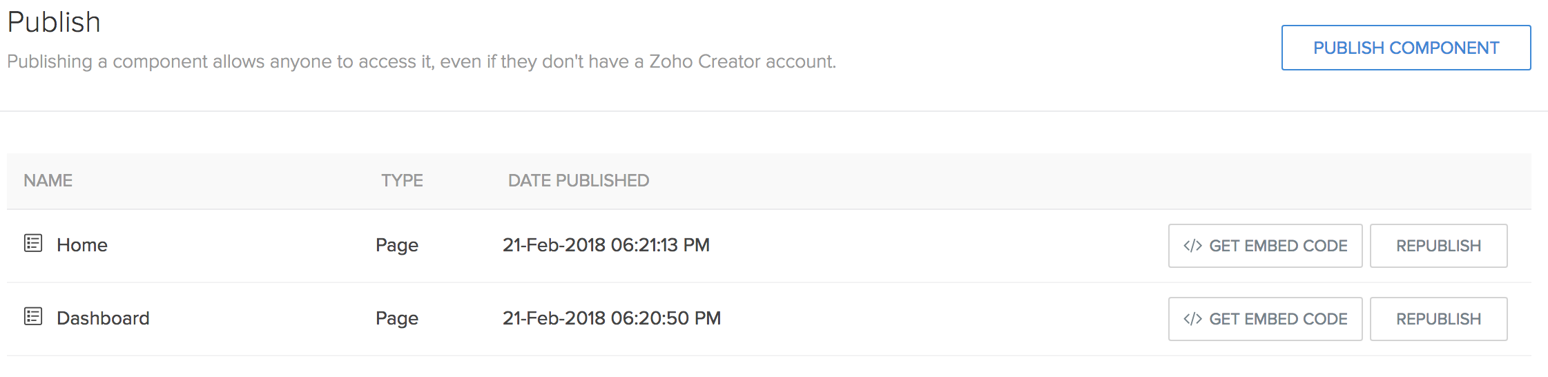Publish Pages | Zoho Creator Help