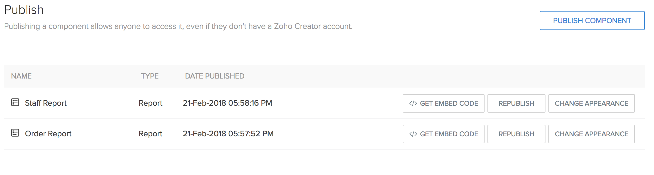 Publish Reports | Zoho Creator Help