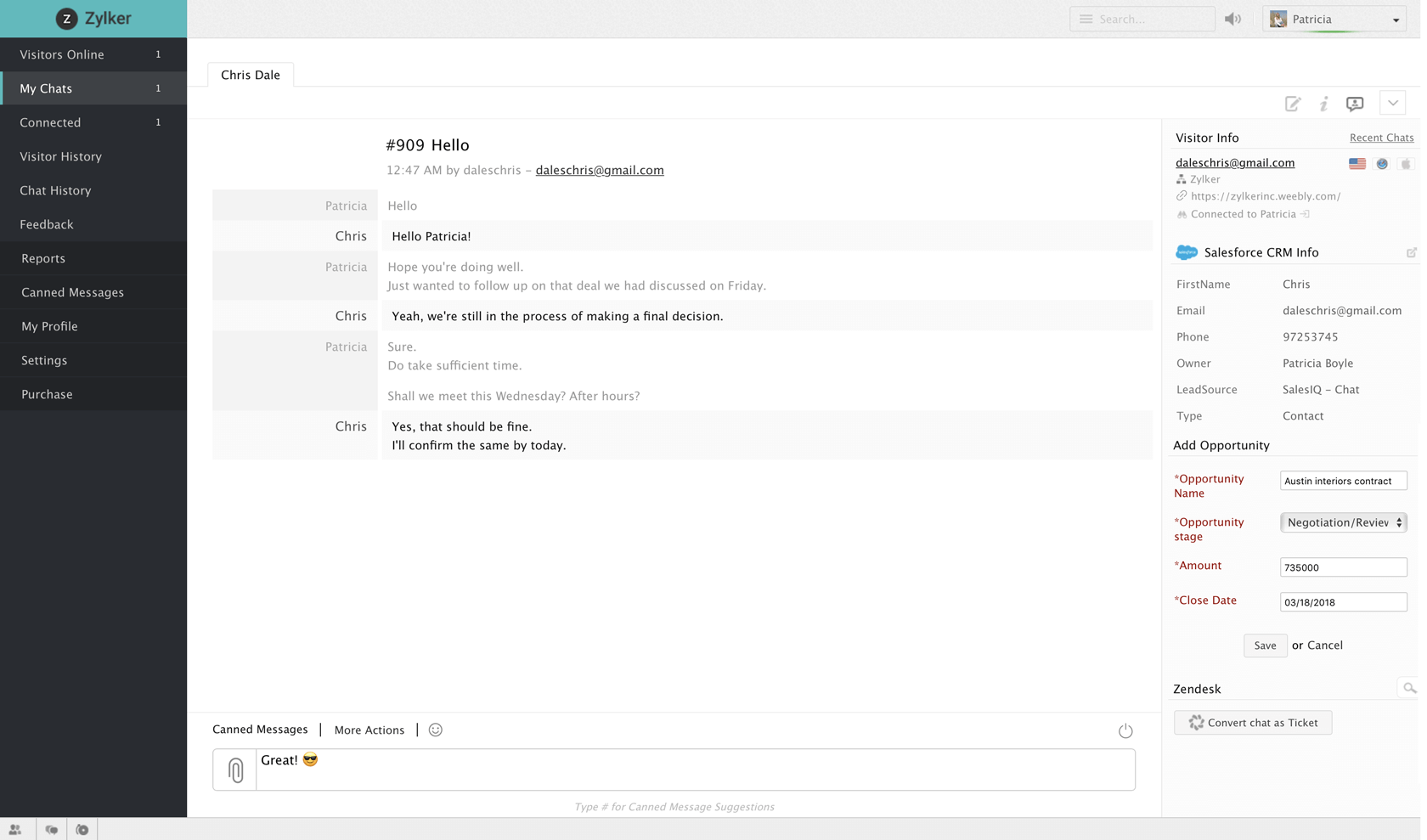 Salesforce CRM integration with SalesIQ live chat