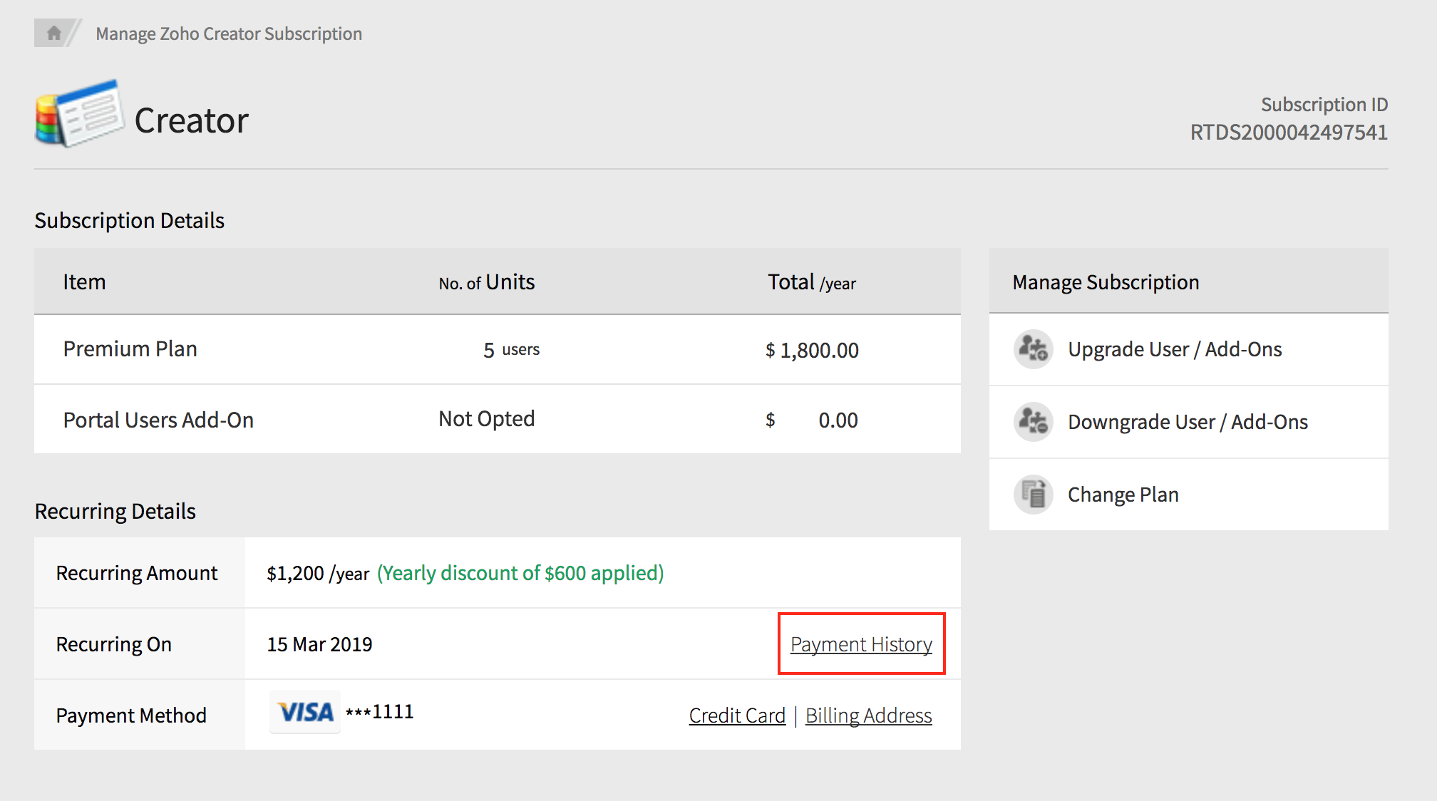 View account subscription details | Zoho