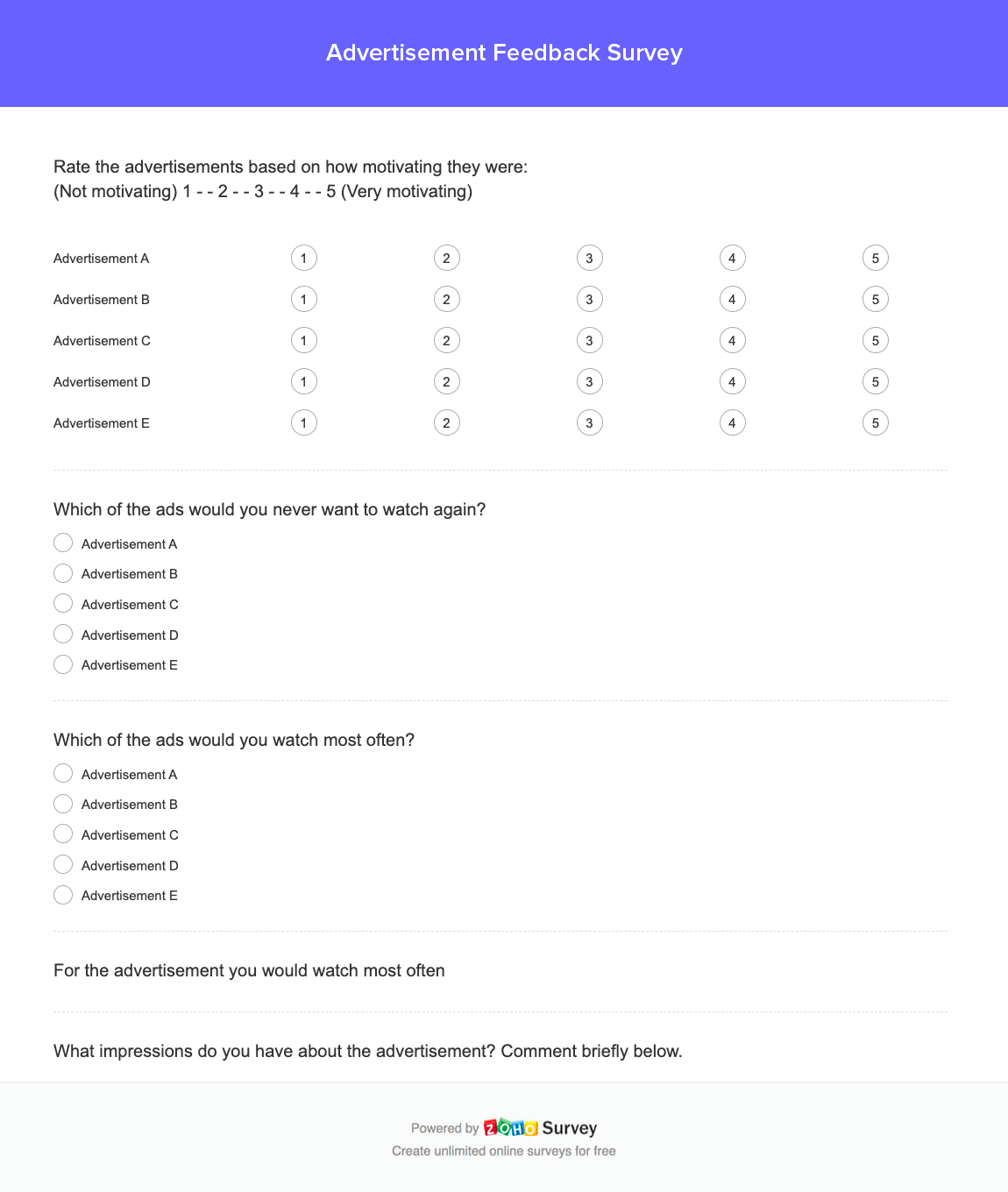 Advertisement Feedback Survey Questionnaire & Template - Zoho Survey