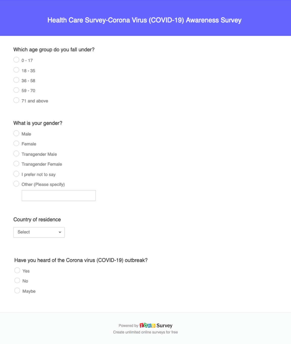 Corona Virus COVID 19 Awareness Survey Questionnaire Template Corona Virus COVID 19 Awareness Survey Questionnaire Template