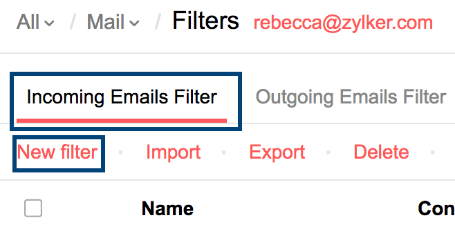 Filters for incoming mail in your Zoho mailbox