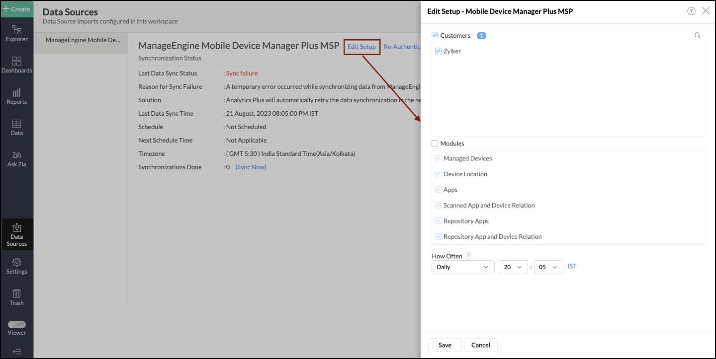 Integration with Mobile Device Manager Plus MSP | Analytics Plus Cloud
