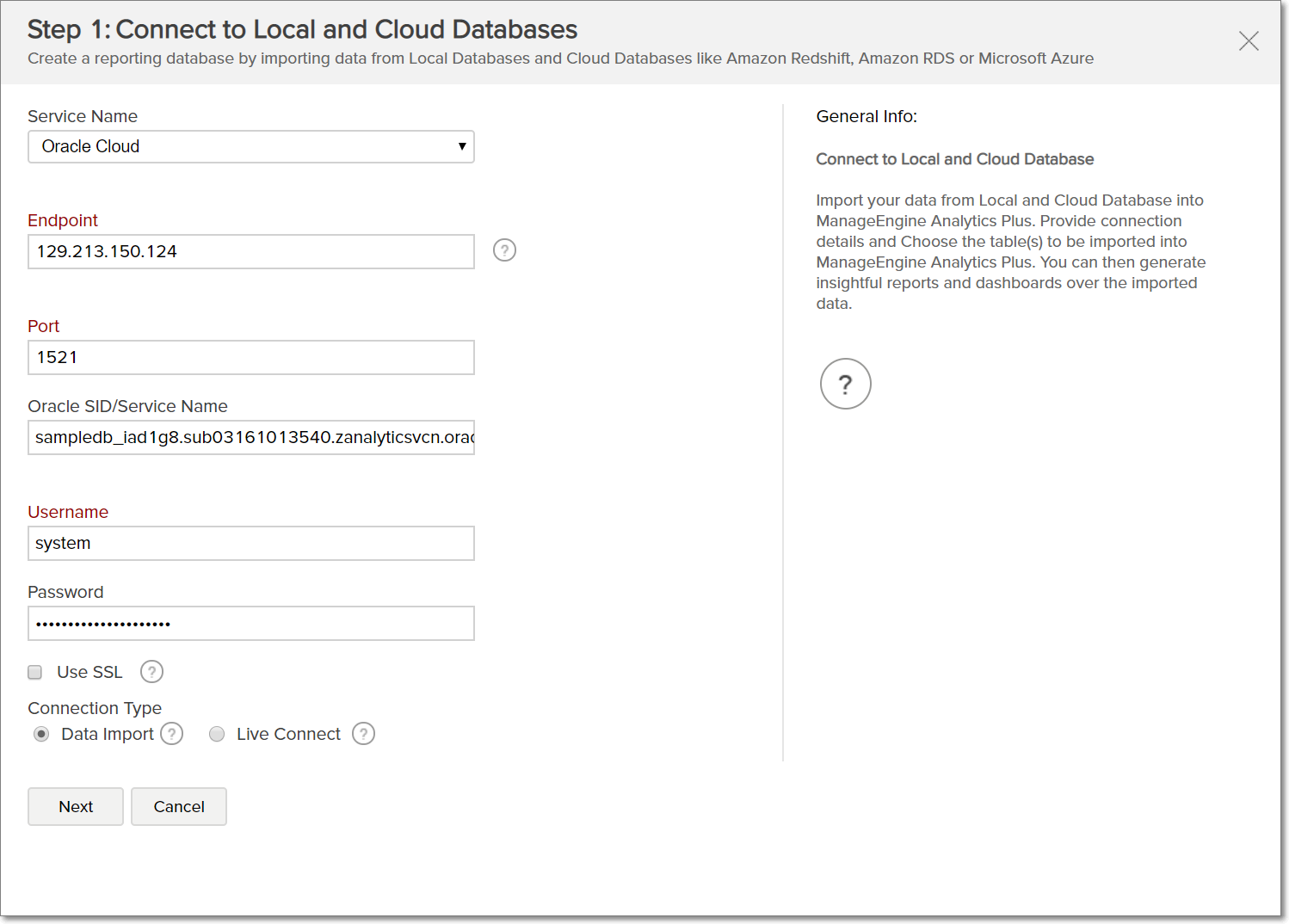 Import data from Oracle Cloud - Analytics Plus