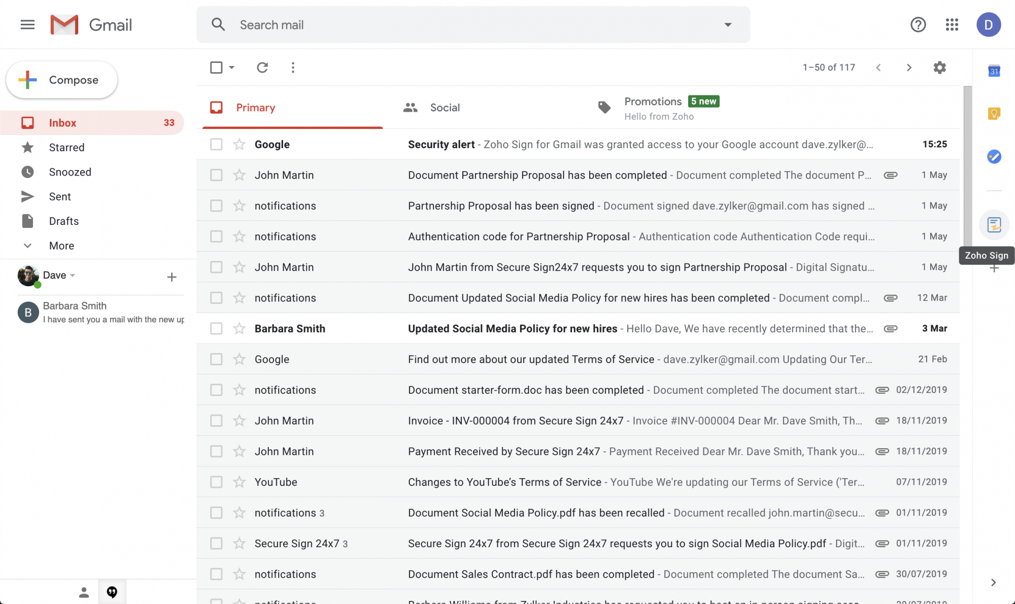 Zoho Sign add-on integration for Gmail