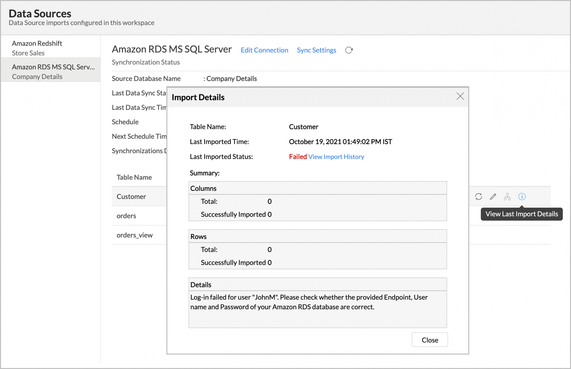 Import data from Amazon RDS: SQL Server