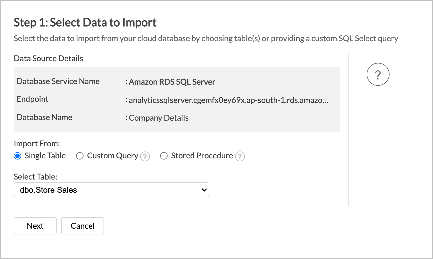 Import data from Amazon RDS: SQL Server