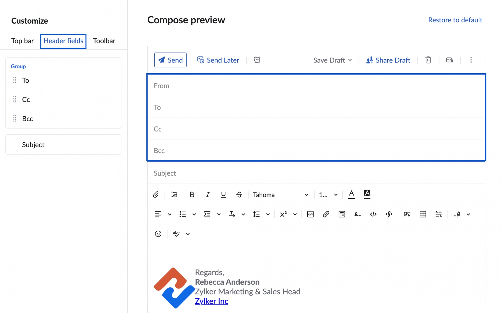 Compose Customization | Zoho Mail
