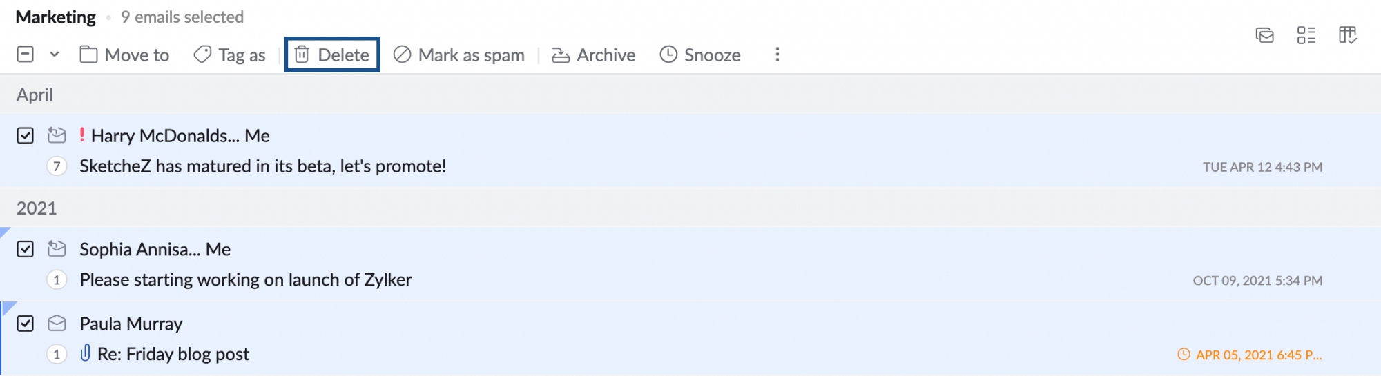Deleting mail | Zoho Mail