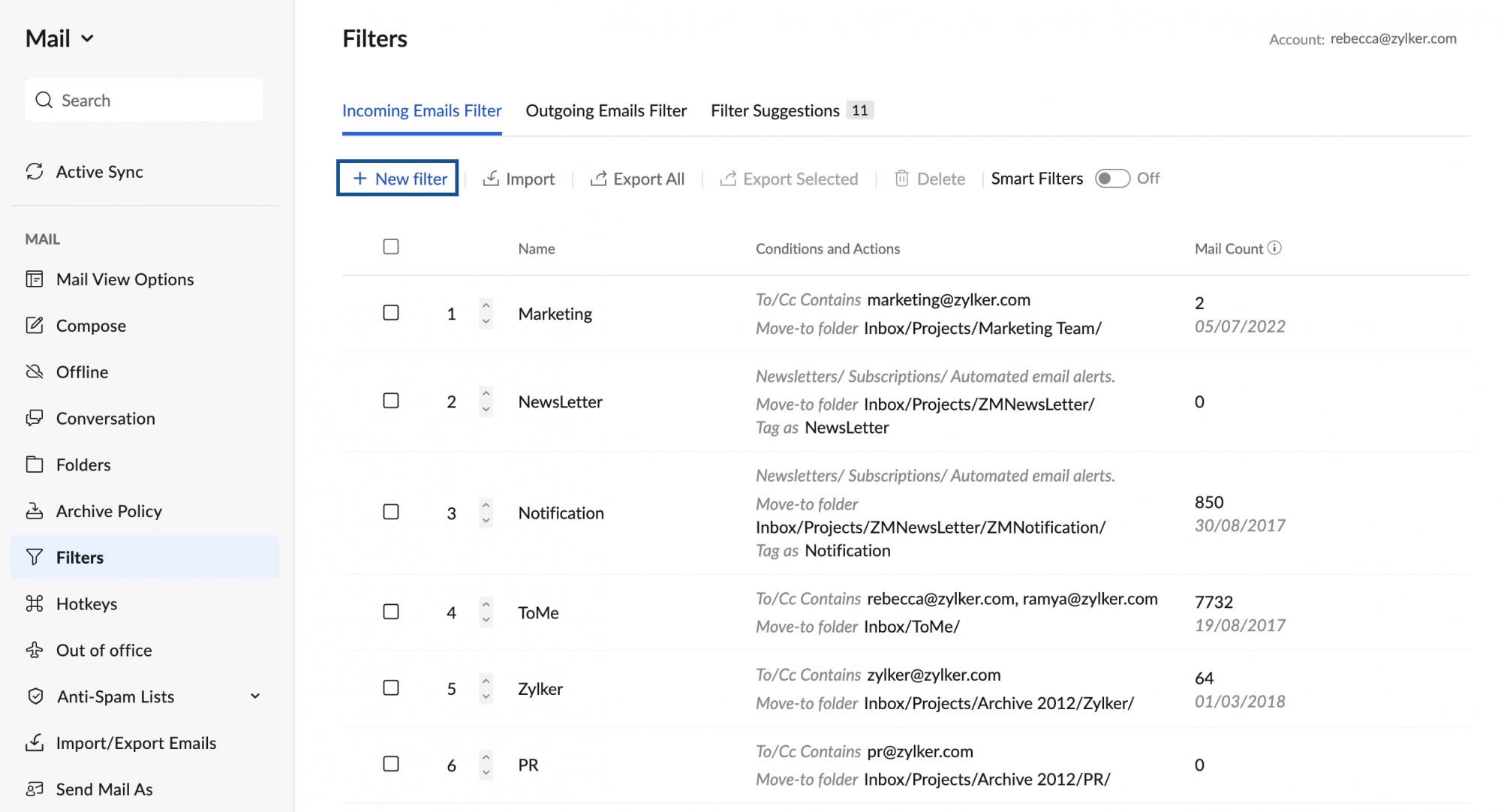Email filters - Auto-organize emails into folders using conditions