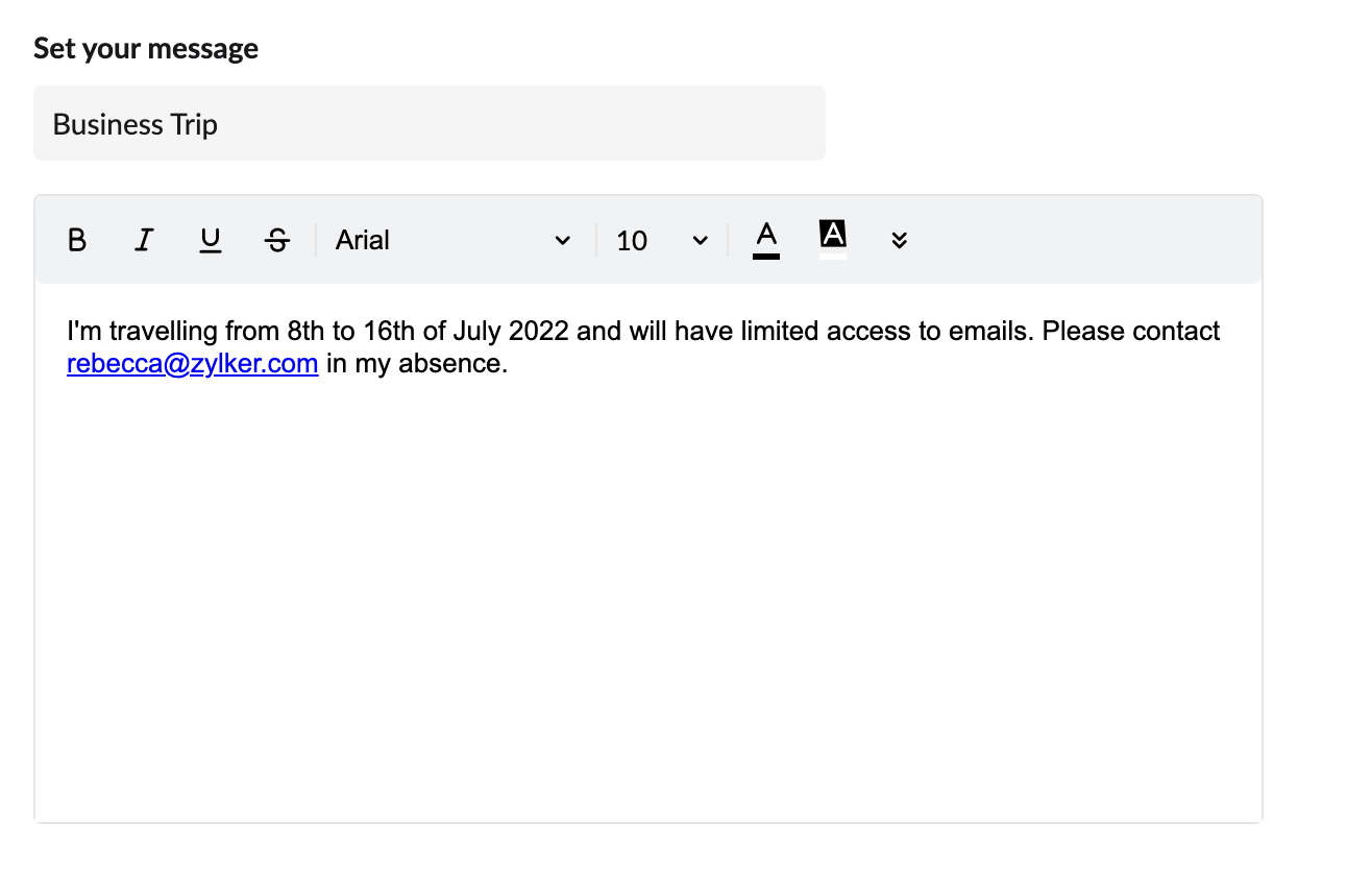 Out of office message configuration - Zoho Mail