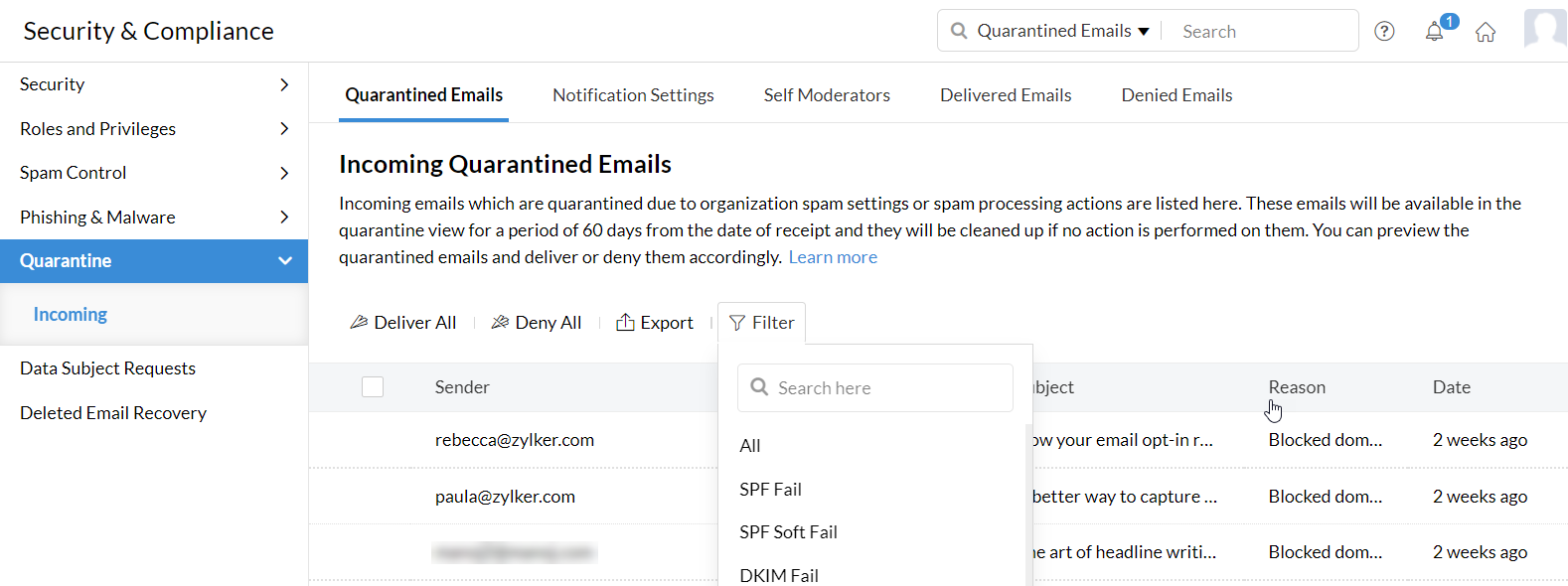 Spam Quarantine - Zoho Mail