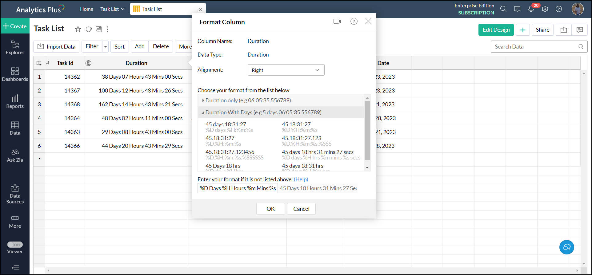 Custom Duration Format Analytics Plus Cloud