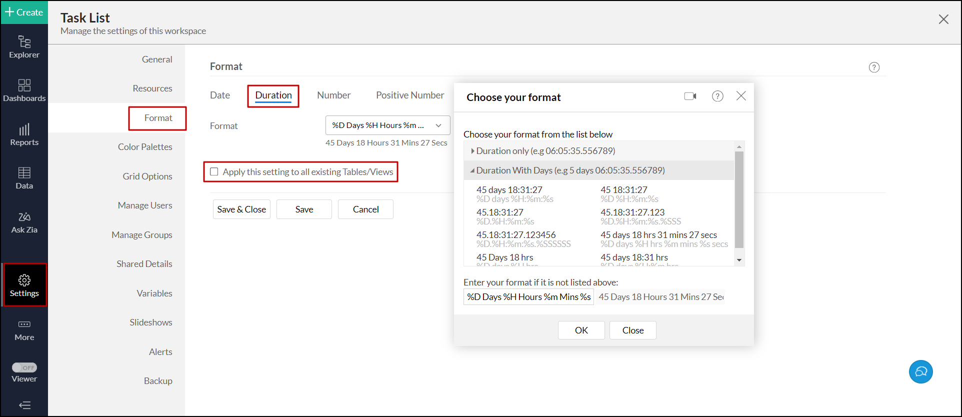 Custom Duration Format Analytics Plus Cloud