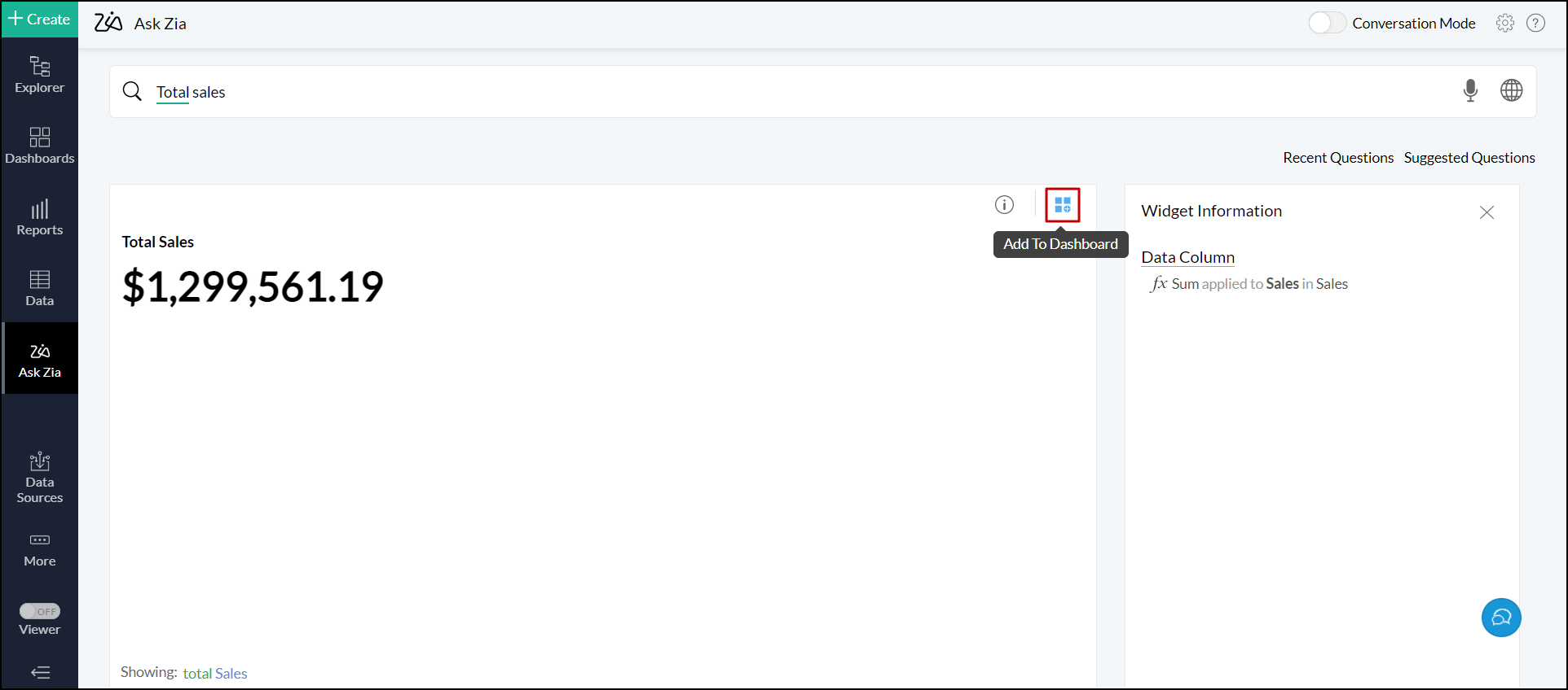 Ask Zia Visualization | Analytics Plus Cloud