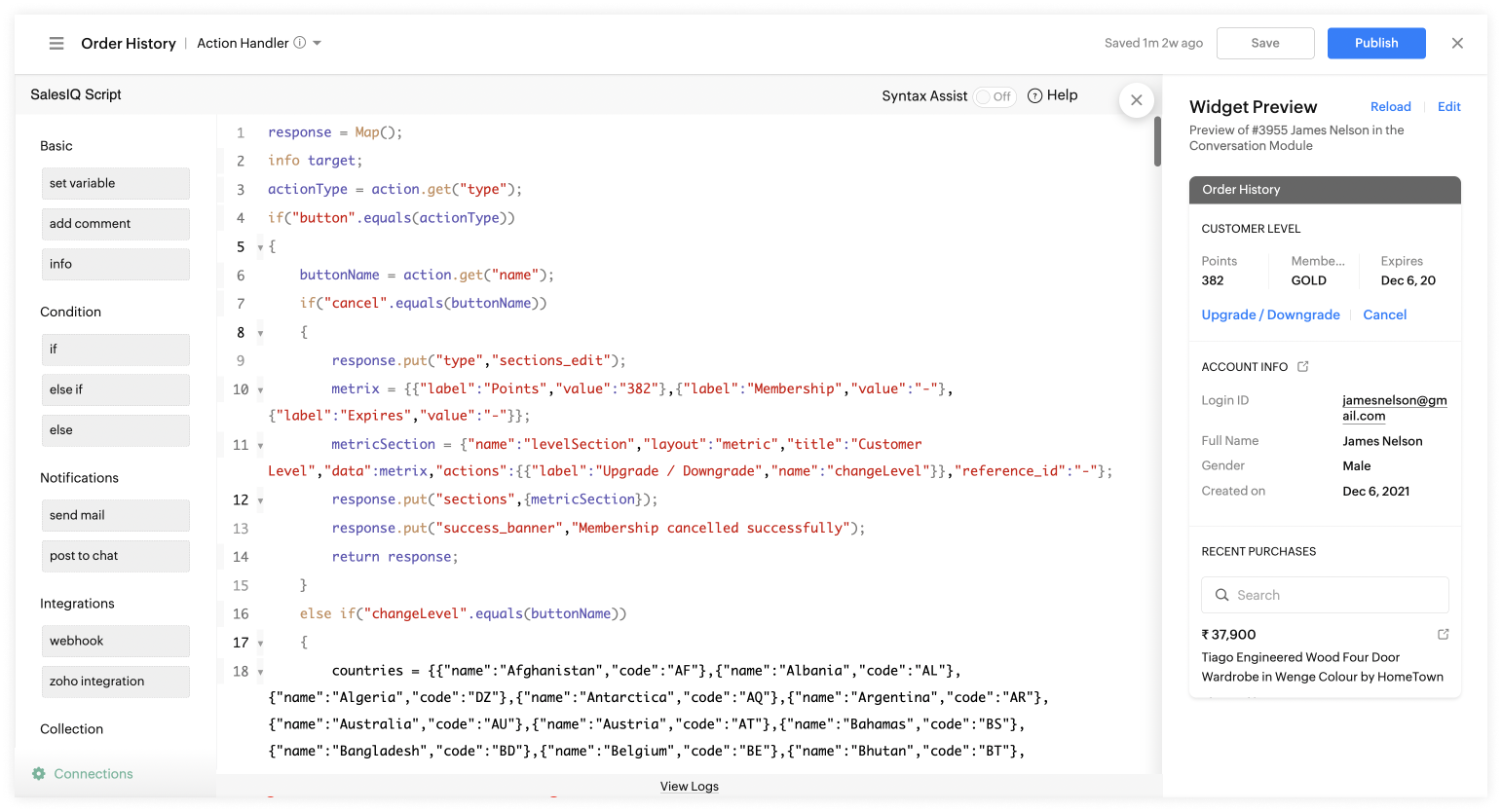 Widgets | Action Handler - Zoho SalesIQ