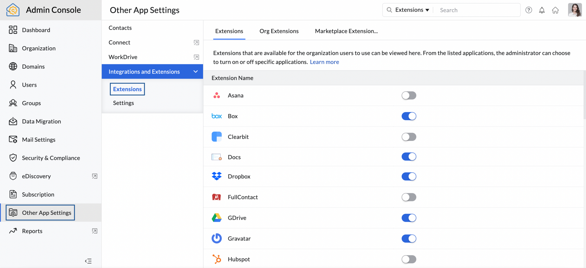 Application Settings - Zoho Mail Admin Console