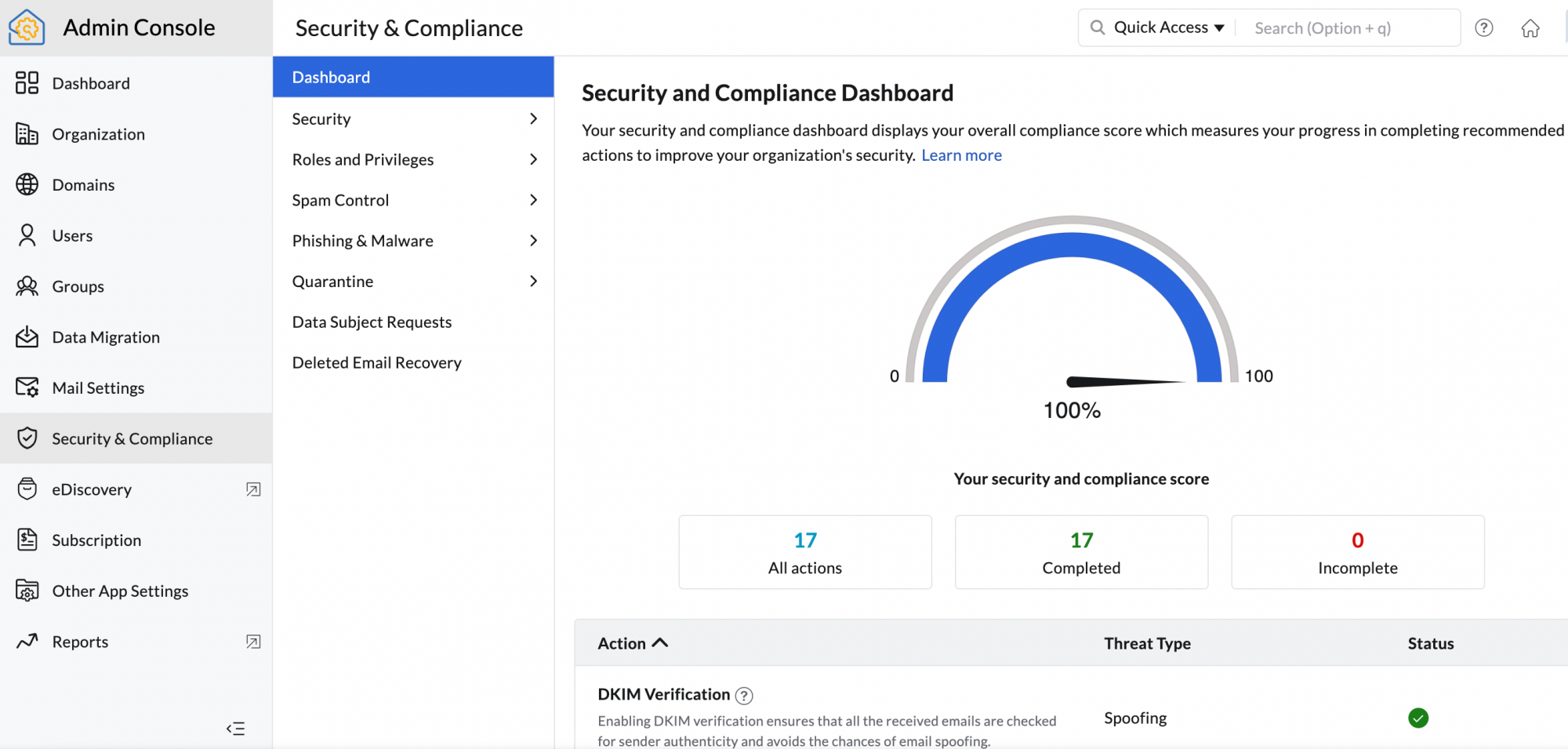 Security and Compliance Dashboard | Zoho Mail