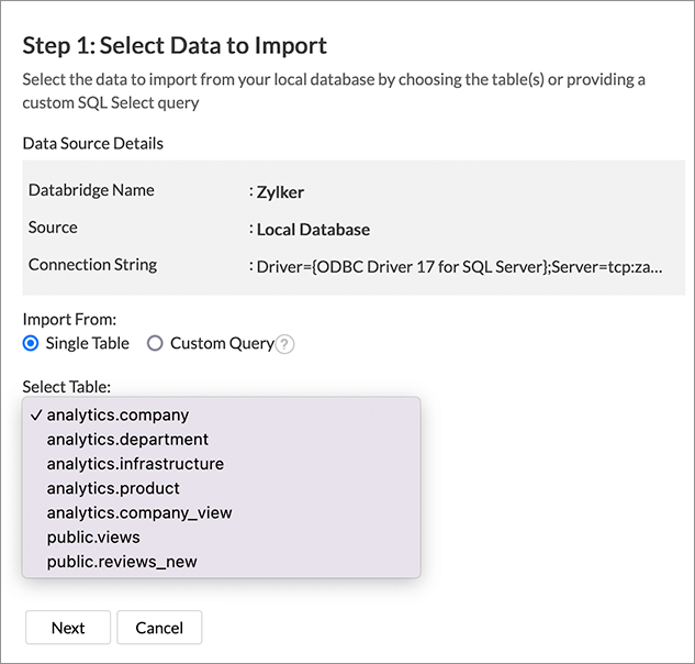 Importing From Odbc Driver Supported Databases Using Zoho Databridge Zoho Analytics Help